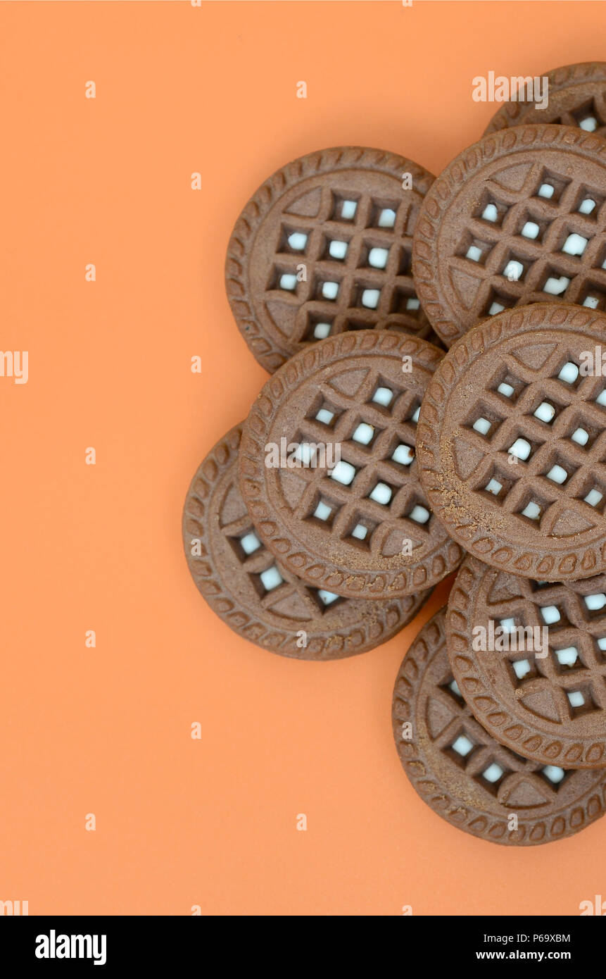 Detailed picture of dark brown round sandwich cookies with coconut ...
