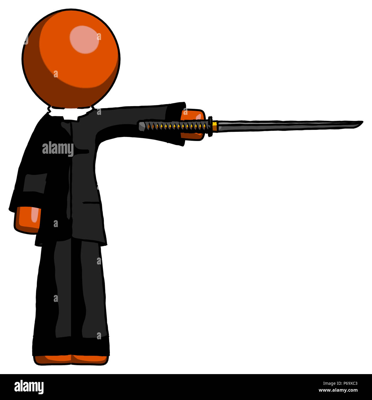 Orange clergy man standing with ninja sword katana pointing right Stock ...