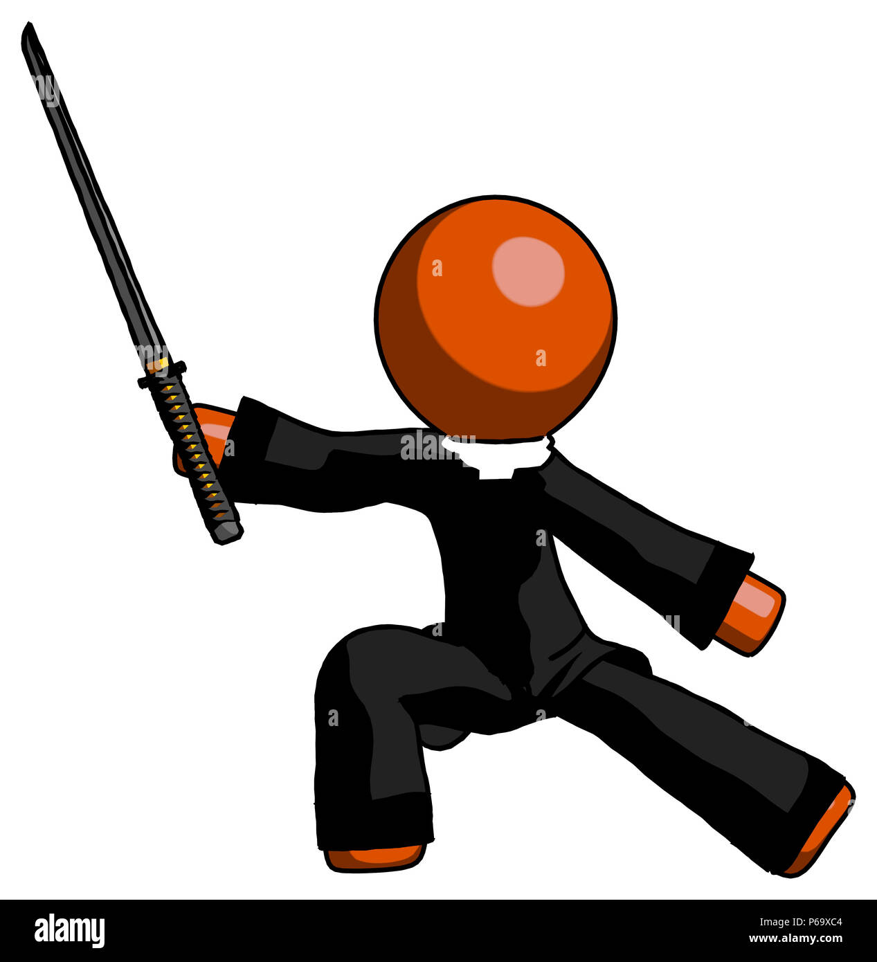 Orange clergy man with ninja sword katana in defense pose Stock Photo ...
