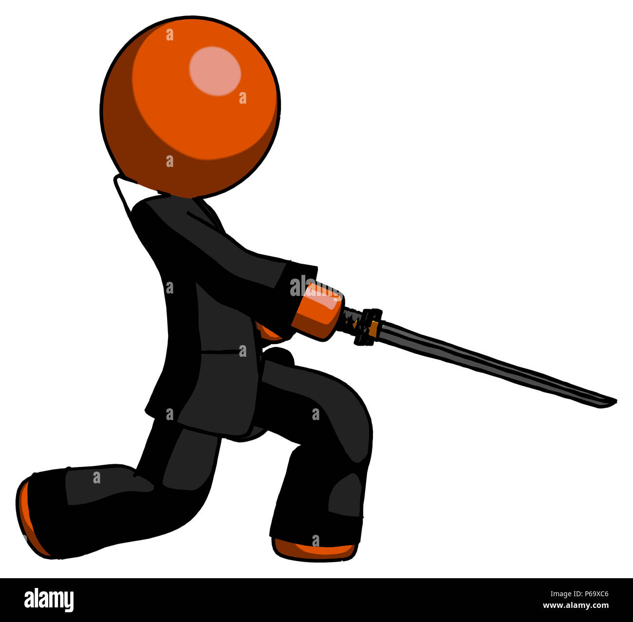 Orange clergy man with ninja sword katana slicing or striking something ...