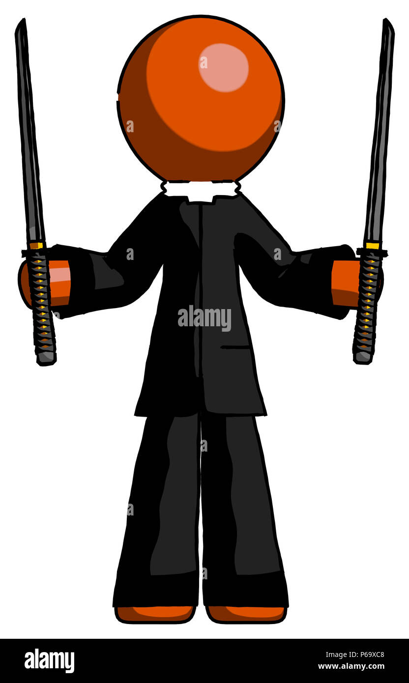 Orange clergy man posing with two ninja sword katanas up Stock Photo ...