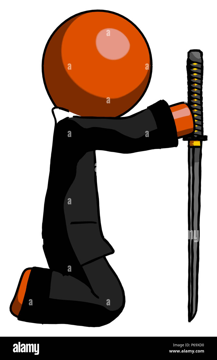 Orange clergy man kneeling with ninja sword katana showing respect ...