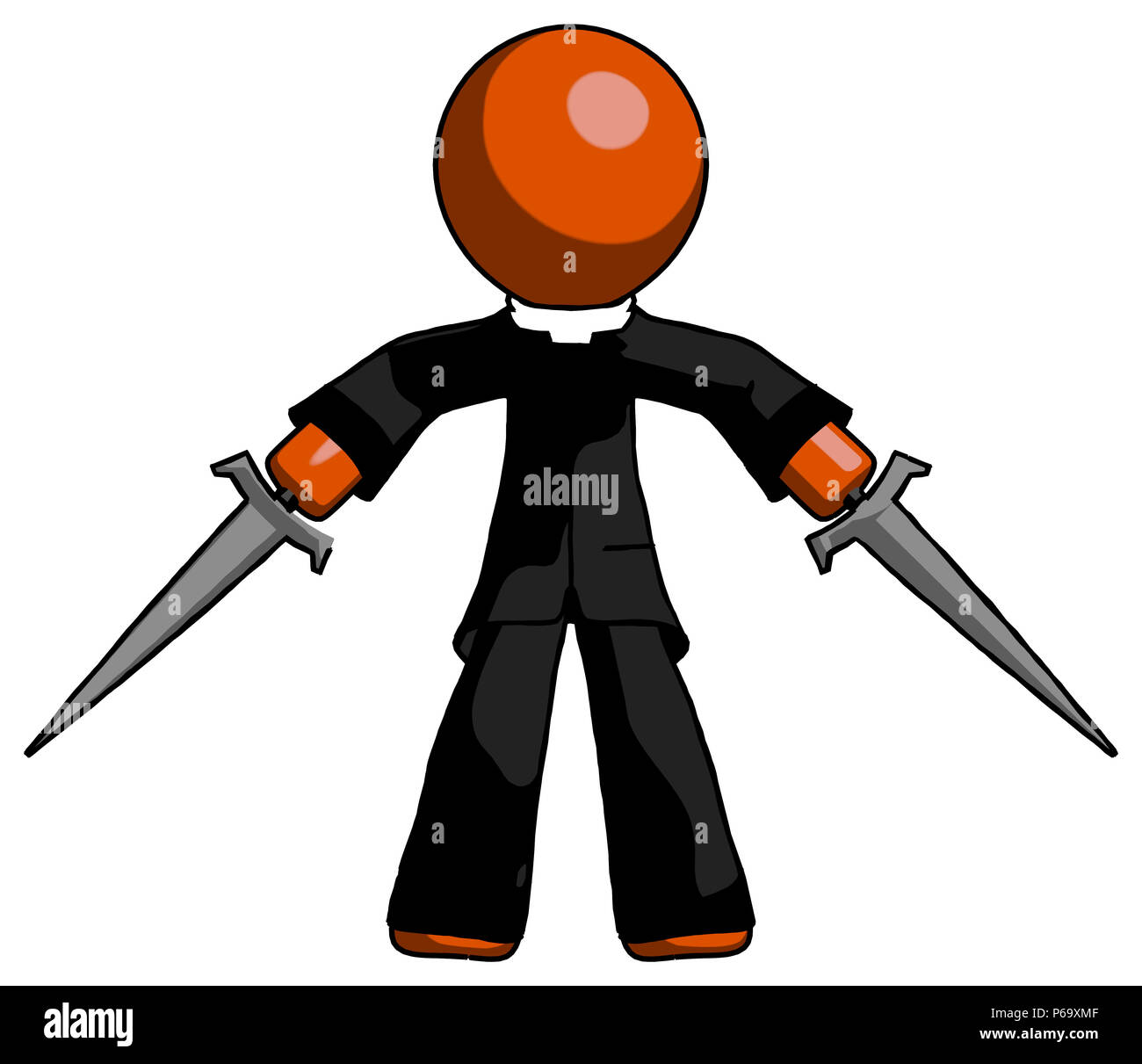 Orange clergy man two sword defense pose Stock Photo - Alamy