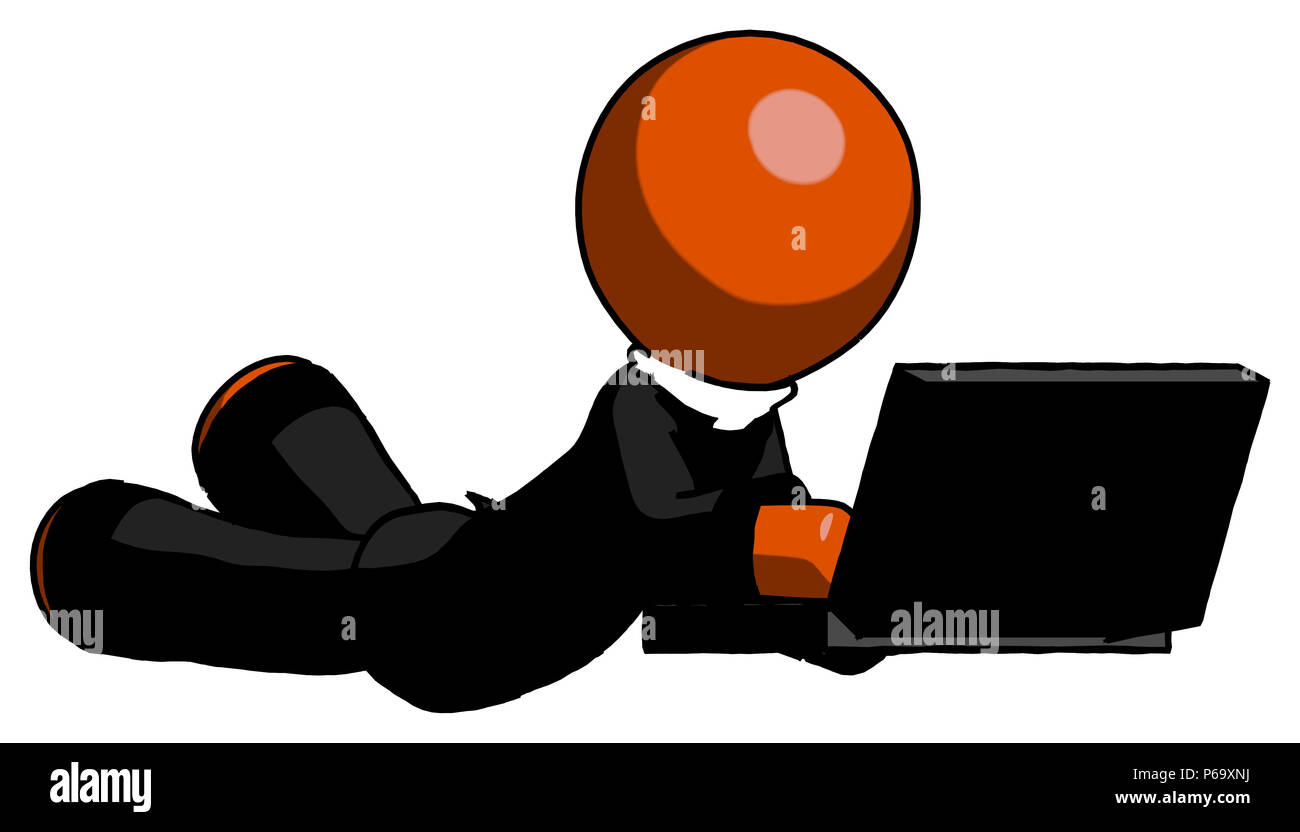 Orange clergy man using laptop computer while lying on floor side ...