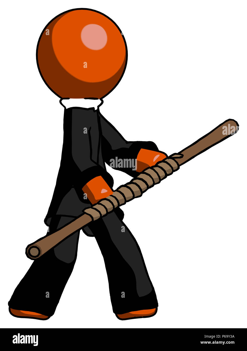 Orange clergy man holding bo staff in sideways defense pose Stock Photo ...