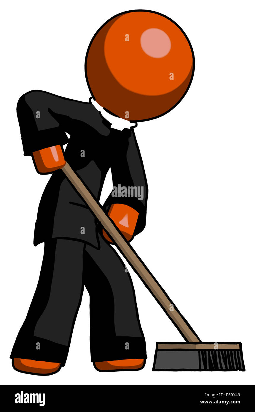 Orange clergy man cleaning services janitor sweeping floor side view ...