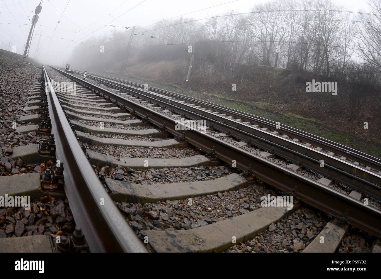 Rail tracks in misty forest hi-res stock photography and images - Alamy
