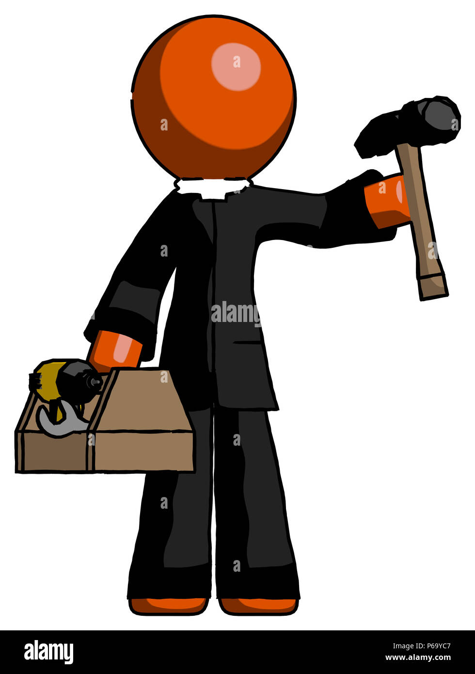 Orange clergy man holding tools and toolchest ready to work Stock Photo ...