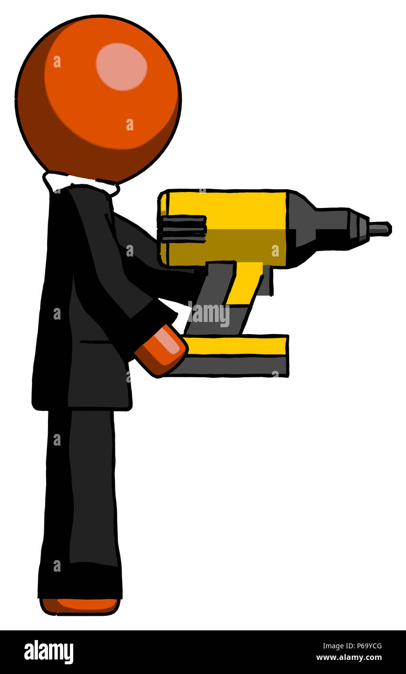 Orange clergy man using drill drilling something on right side Stock ...
