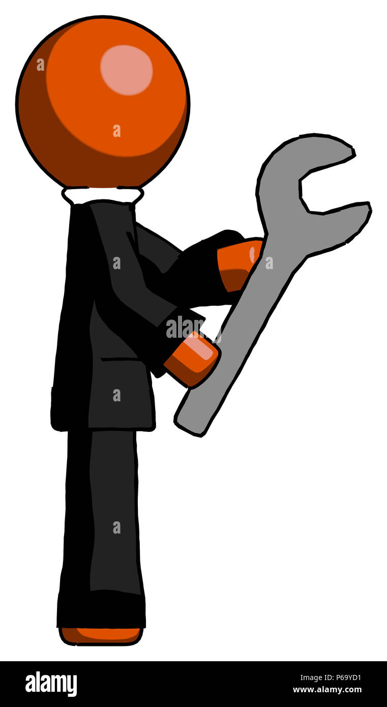 Orange clergy man using wrench adjusting something to right Stock Photo ...