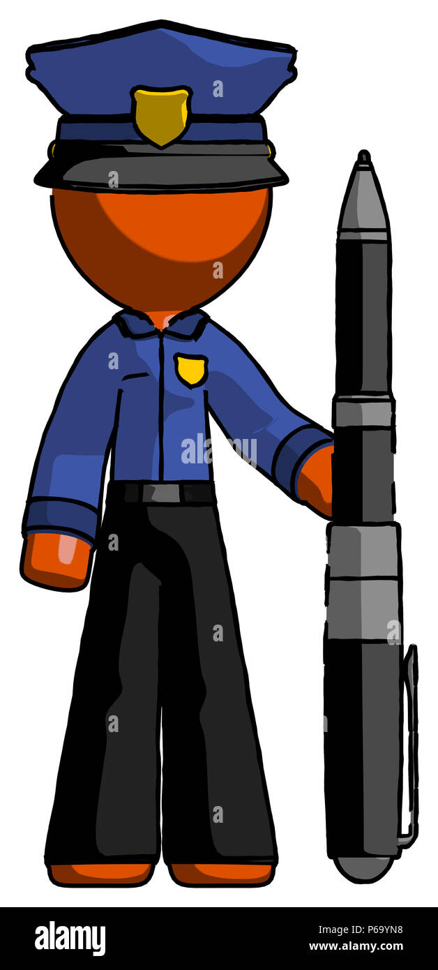 Orange police man holding large pen Stock Photo - Alamy