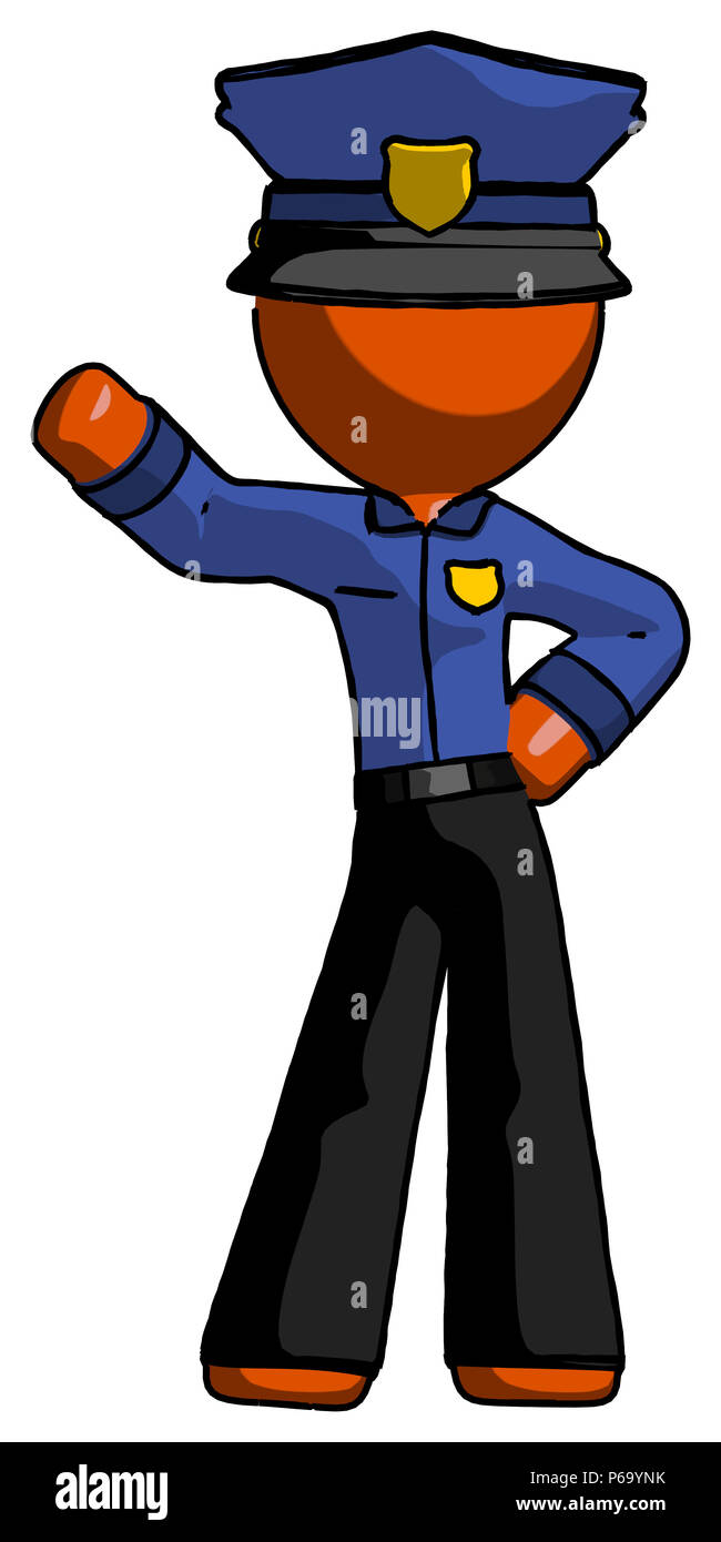 Orange police man waving right arm with hand on hip Stock Photo - Alamy