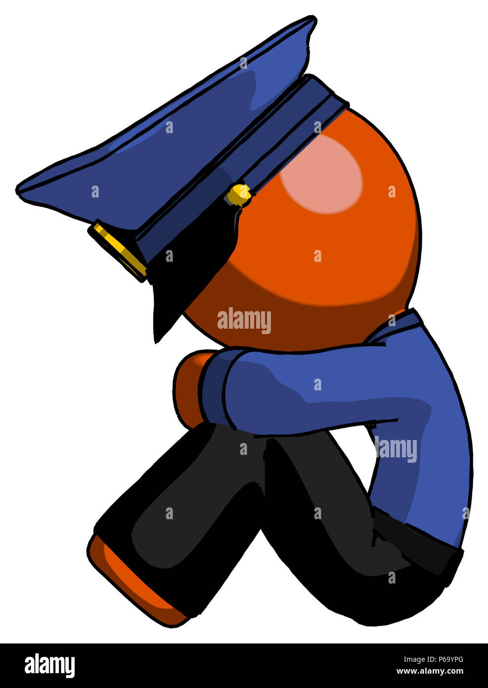 Orange police man sitting with head down facing sideways left Stock ...