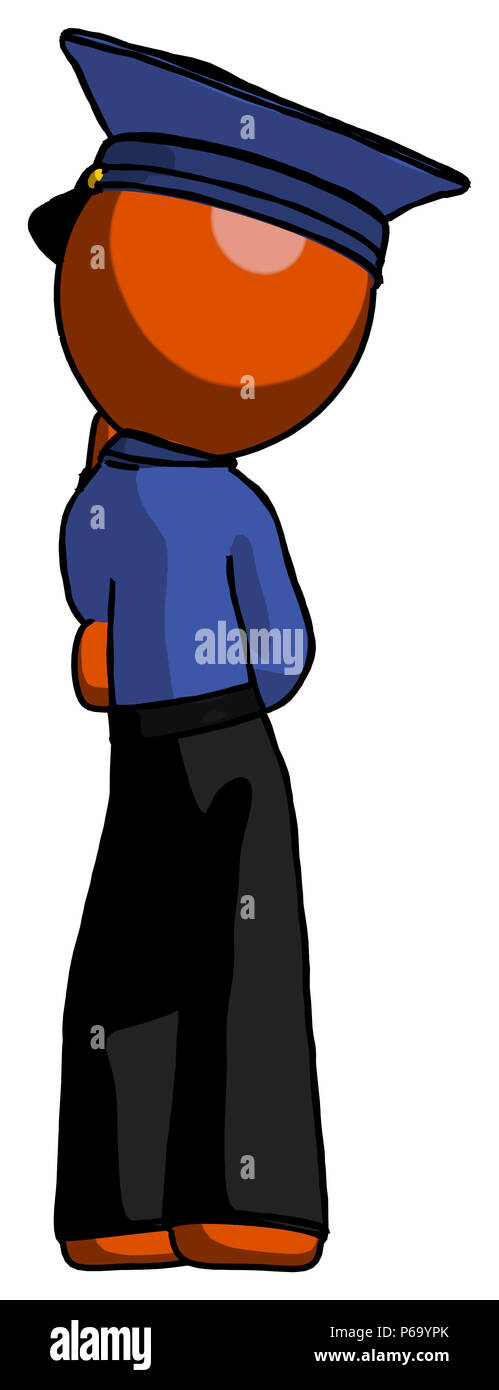 Orange police man thinking or puzzled, contemplating something deep ...