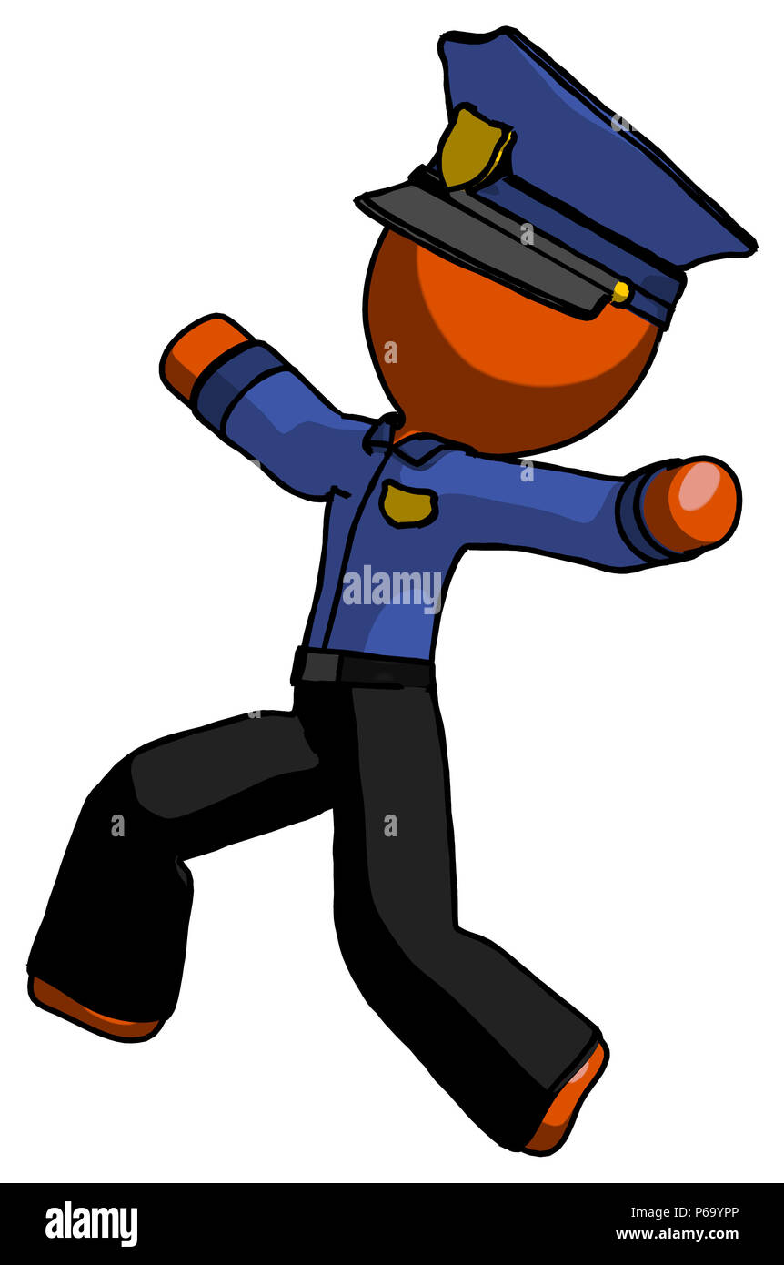 Orange police man running away in hysterical panic direction left Stock ...