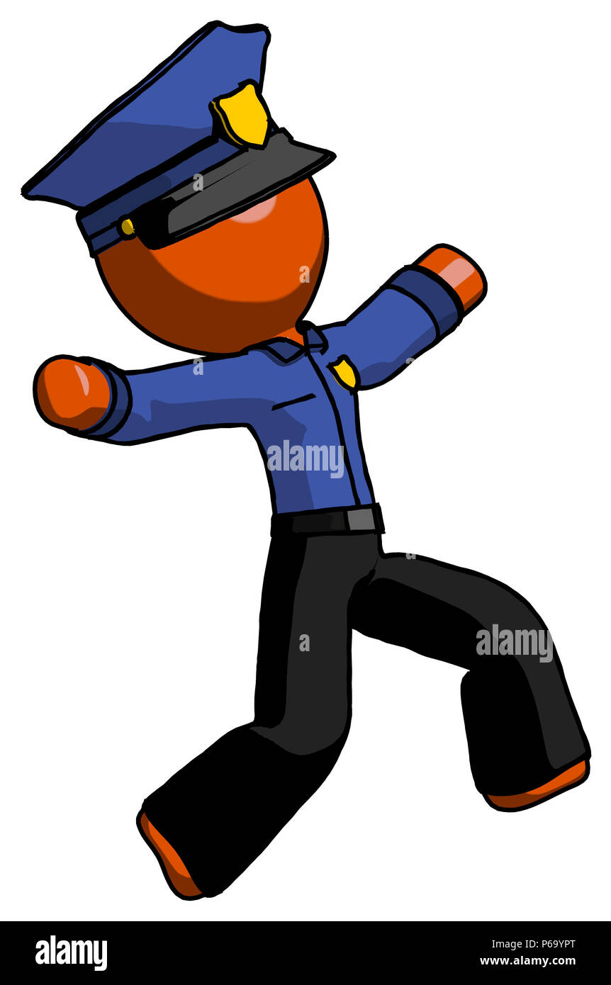 Orange police man running away in hysterical panic direction right ...