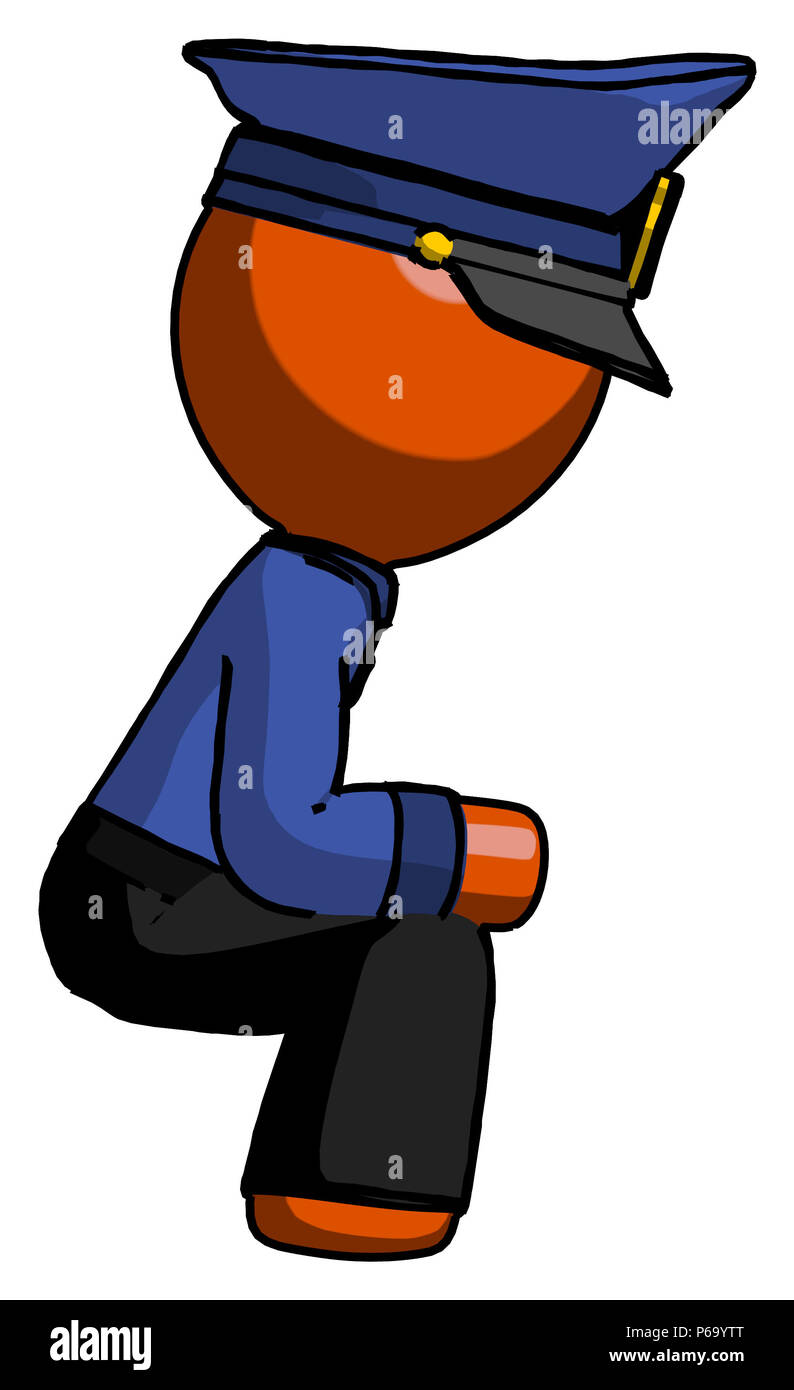 Orange police man squatting facing right Stock Photo - Alamy