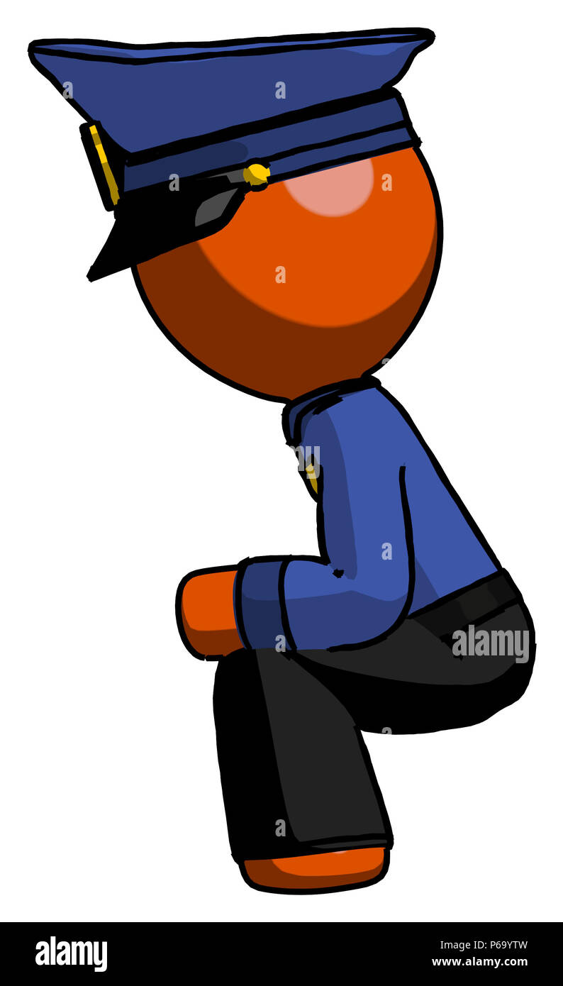 Orange police man squatting facing left Stock Photo - Alamy
