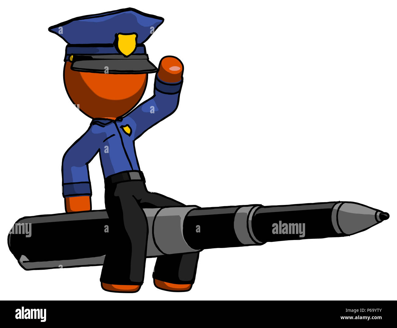 Orange police man riding a pen like a giant rocket Stock Photo - Alamy