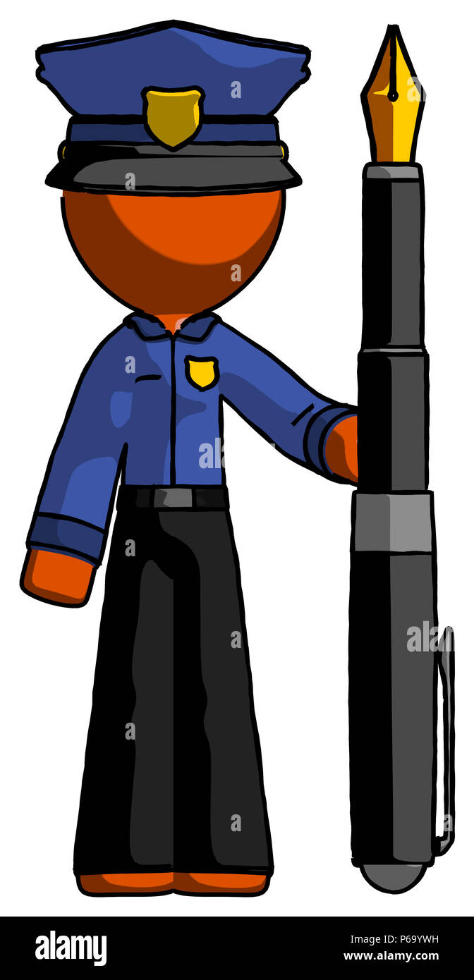 Orange police man holding giant calligraphy pen Stock Photo - Alamy
