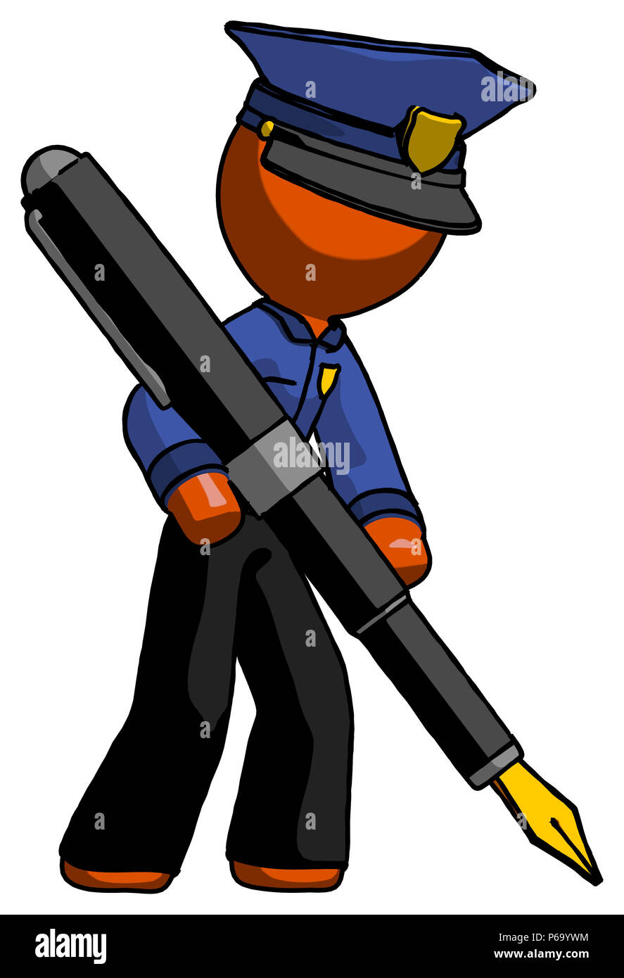 Orange police man drawing or writing with large calligraphy pen Stock ...