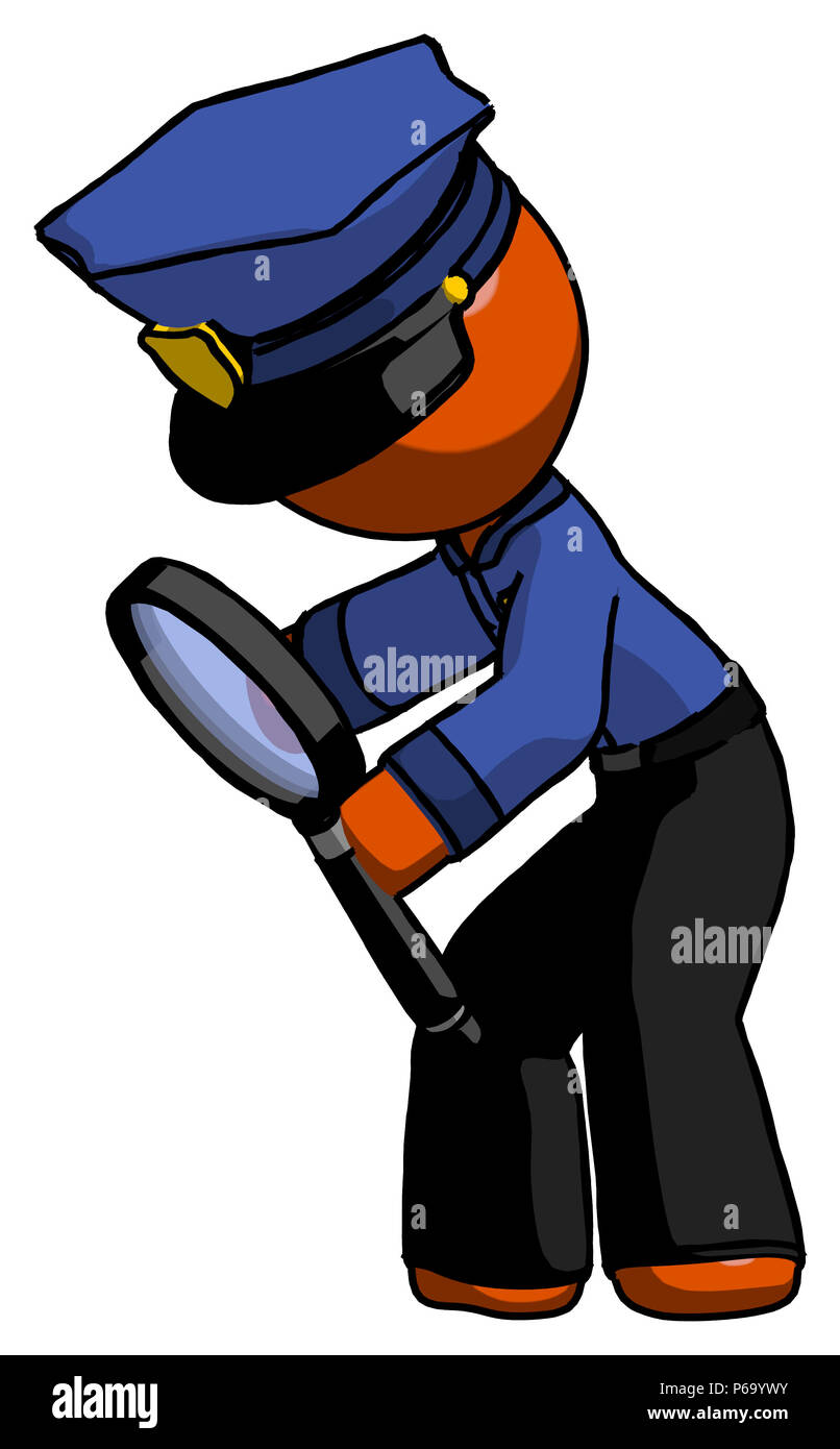 Orange police man inspecting with large magnifying glass left Stock ...