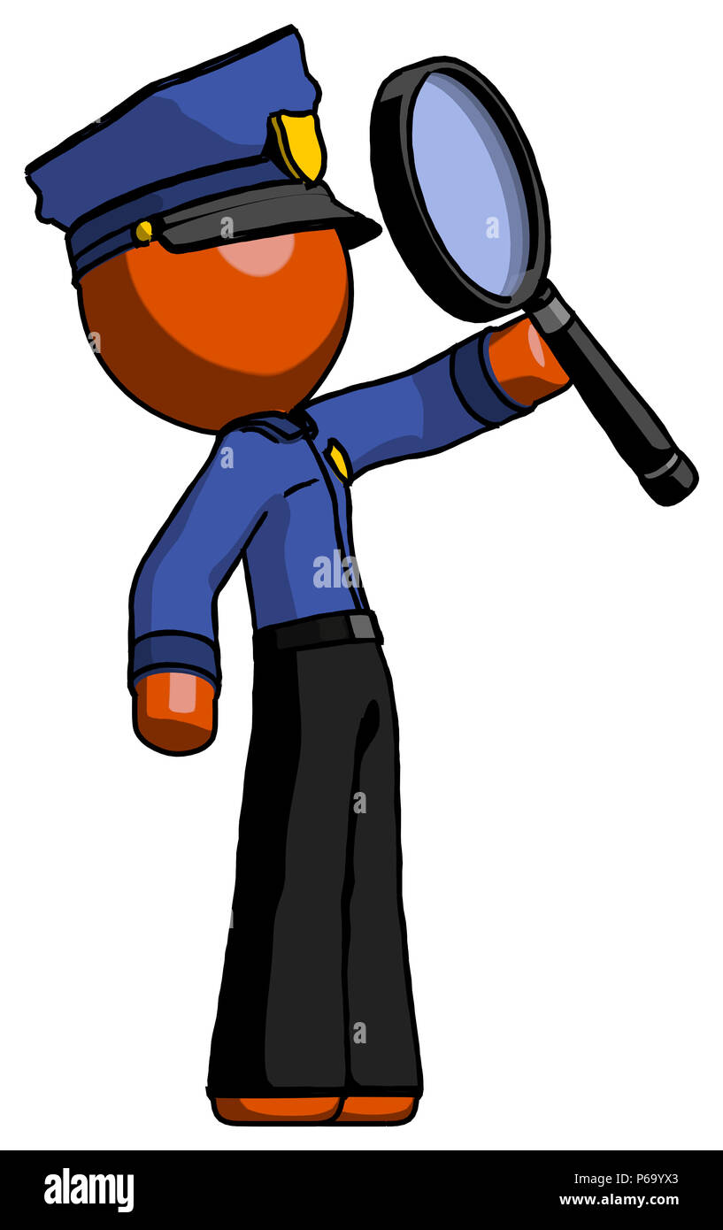 Orange police man inspecting with large magnifying glass facing up ...