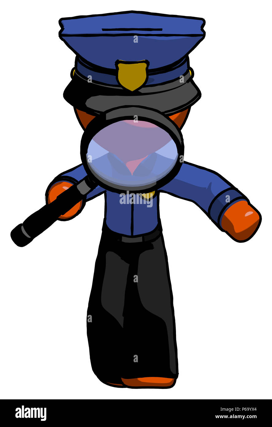 Orange police man looking down through magnifying glass Stock Photo - Alamy