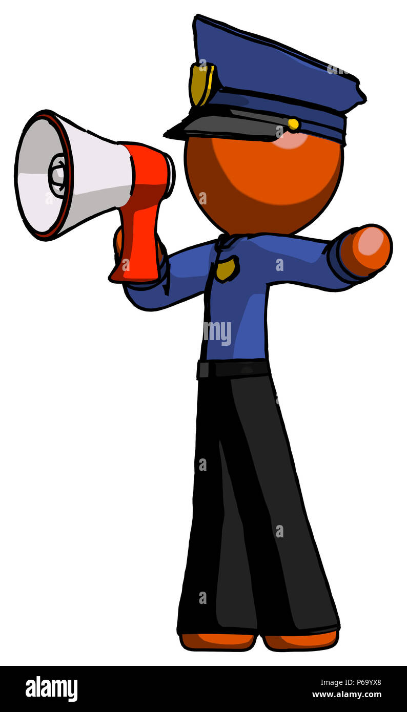 Orange police man shouting into megaphone bullhorn facing left Stock ...