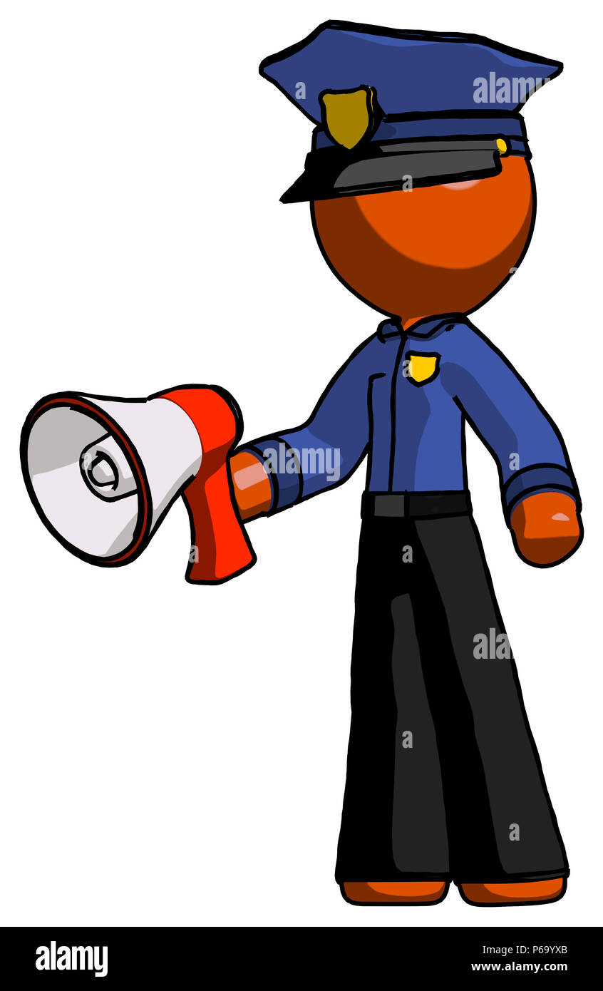 Orange police man holding megaphone bullhorn facing right Stock Photo ...
