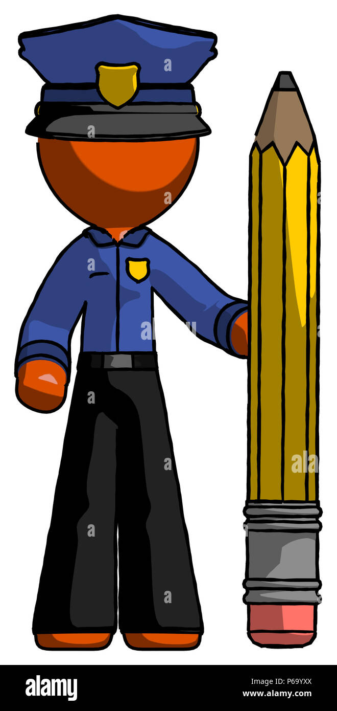 Orange police man with large pencil standing ready to write Stock Photo ...