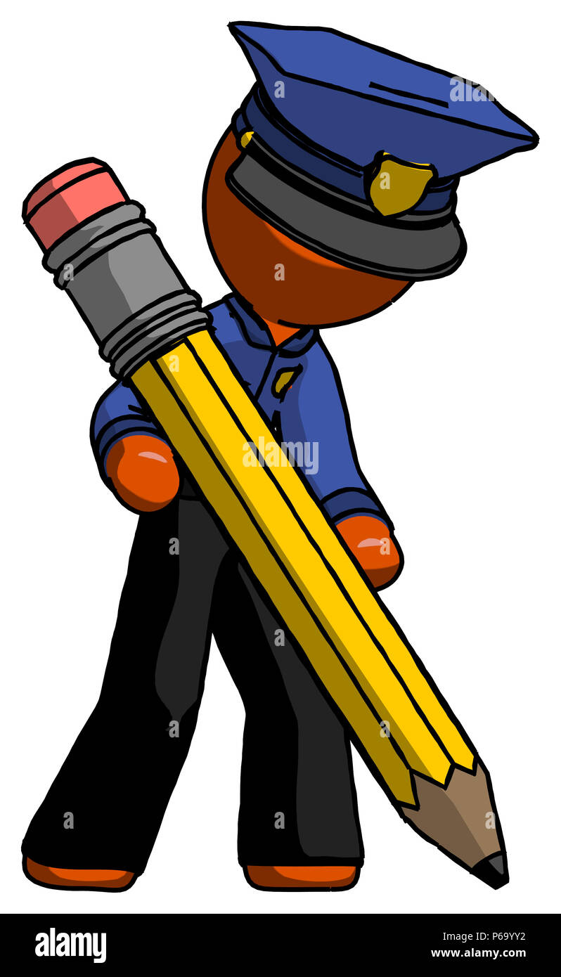 Orange police man writing with giant pencil Stock Photo - Alamy