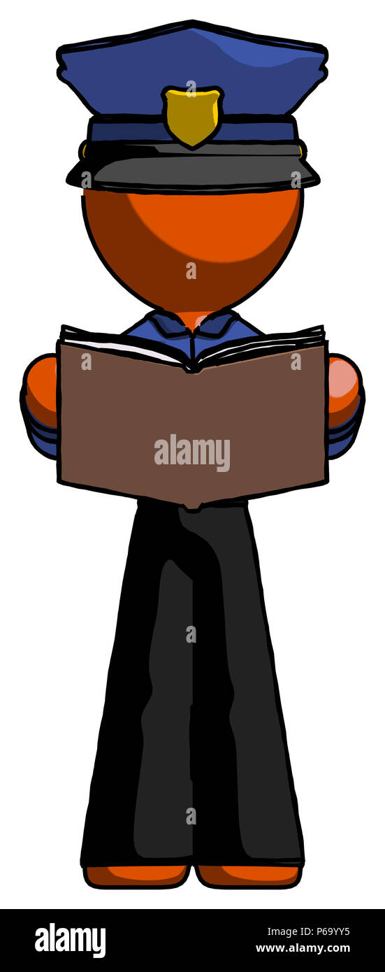 Orange police man reading book while standing up facing viewer Stock ...