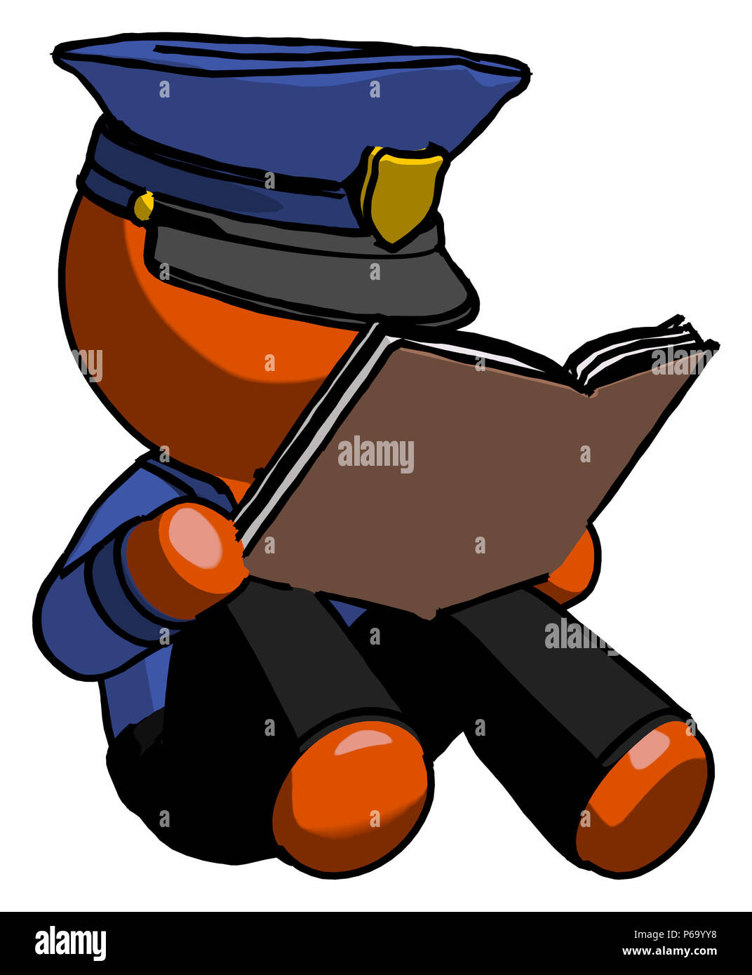 Orange police man reading book while sitting down Stock Photo - Alamy