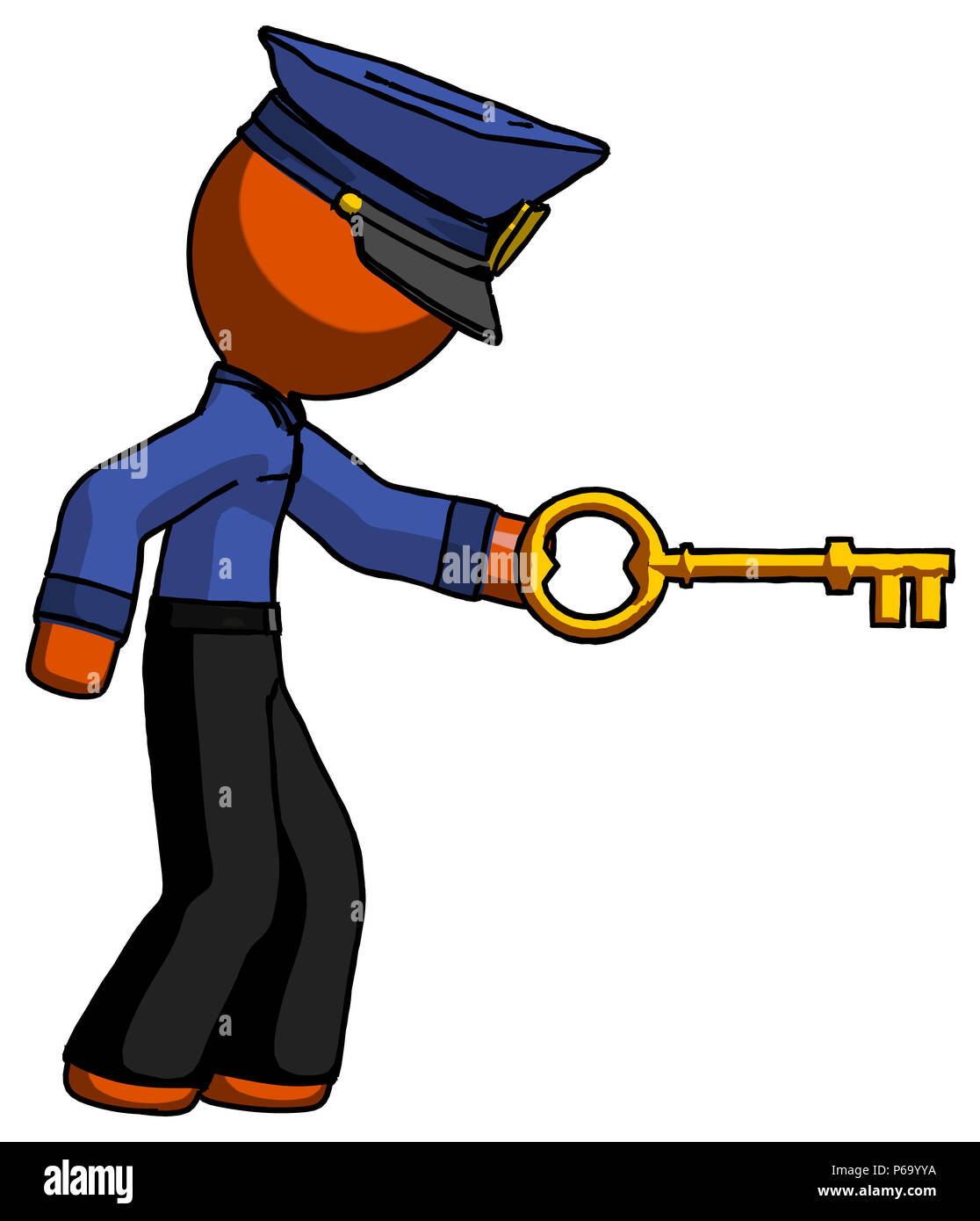 Orange police man with big key of gold opening something Stock Photo ...