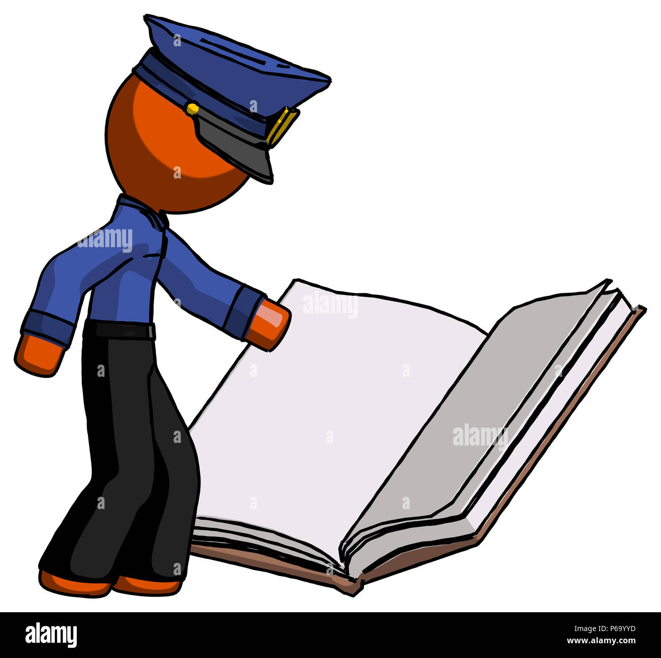 Orange police man reading big book while standing beside it Stock Photo ...