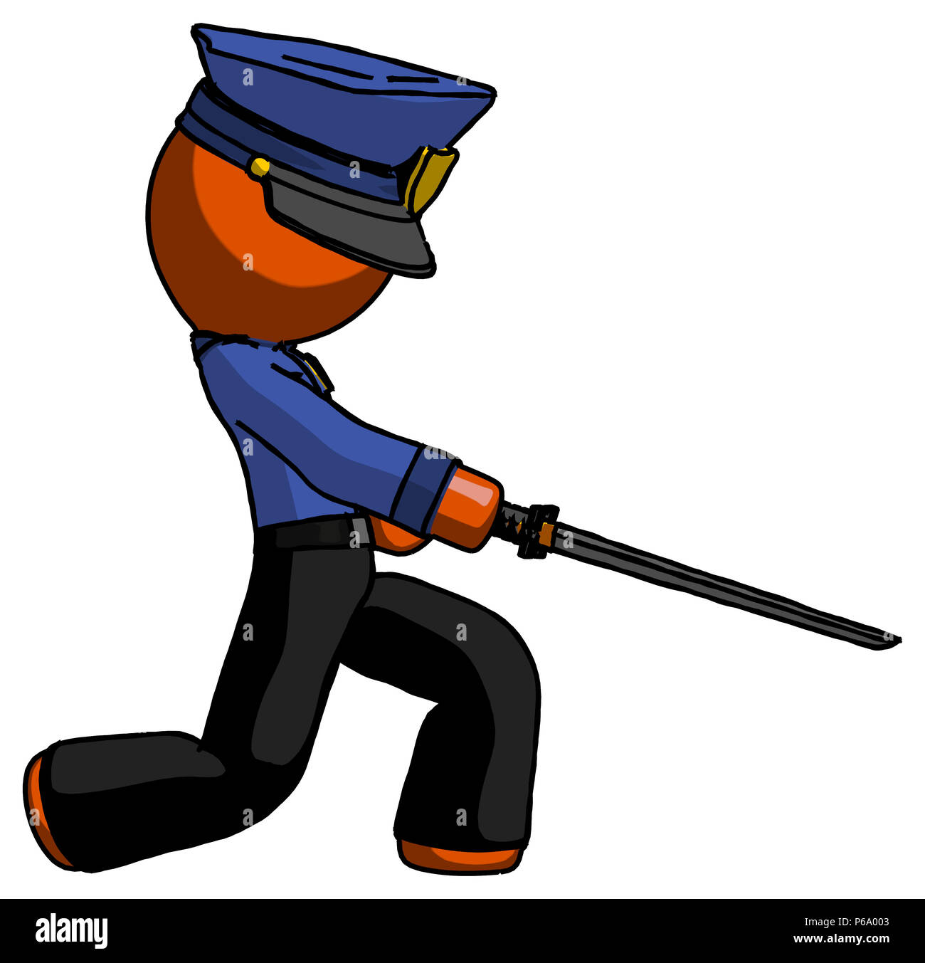 Orange police man with ninja sword katana slicing or striking something ...