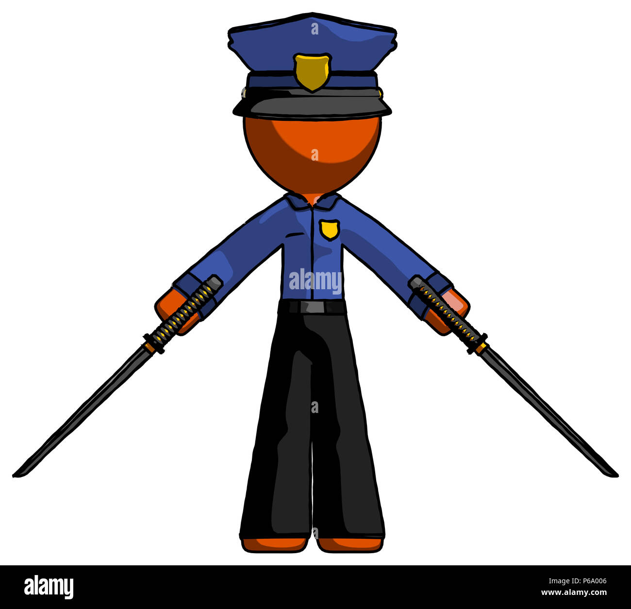 Orange police man posing with two ninja sword katanas Stock Photo - Alamy