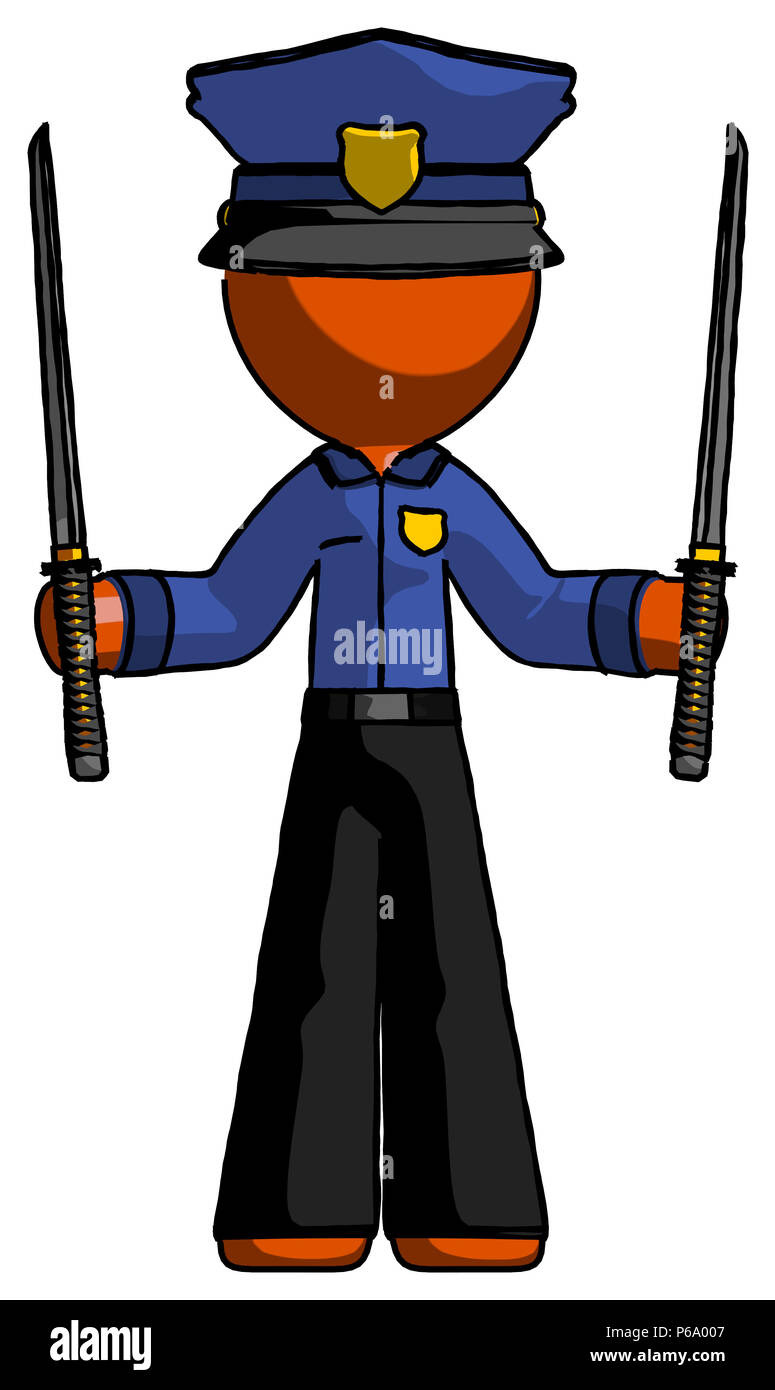 Orange police man posing with two ninja sword katanas up Stock Photo ...