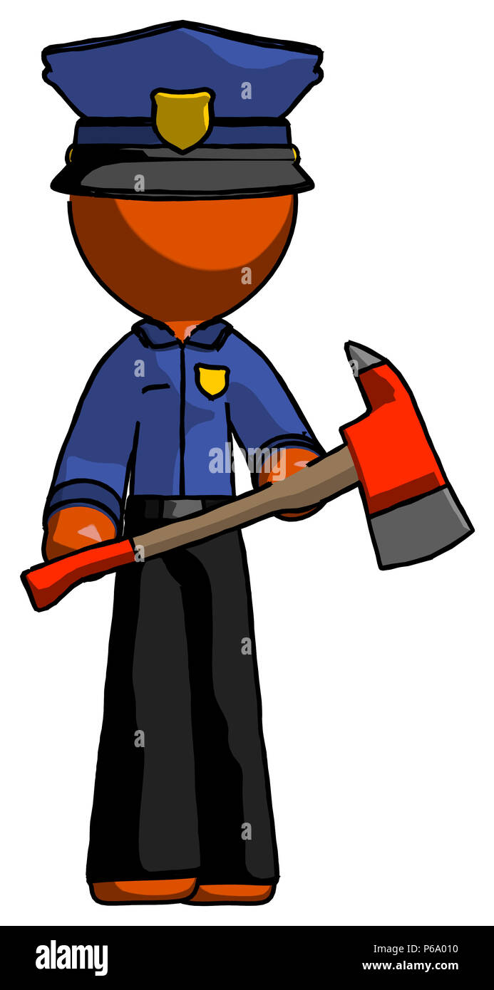 Orange police man holding red fire fighter's ax Stock Photo - Alamy