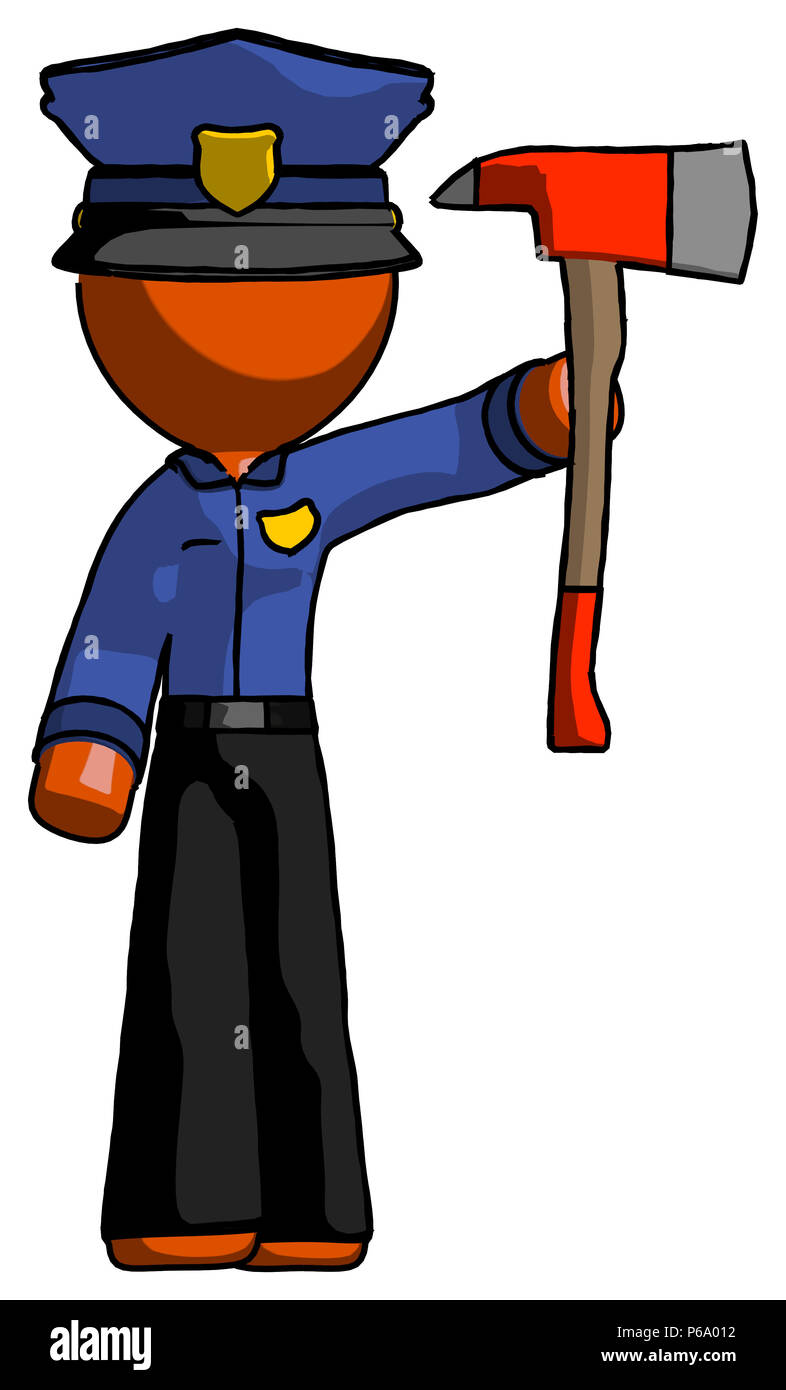 Orange police man holding up red firefighter's ax Stock Photo - Alamy