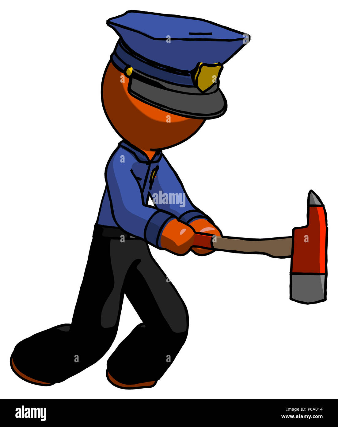Orange police man with ax hitting, striking, or chopping Stock Photo ...