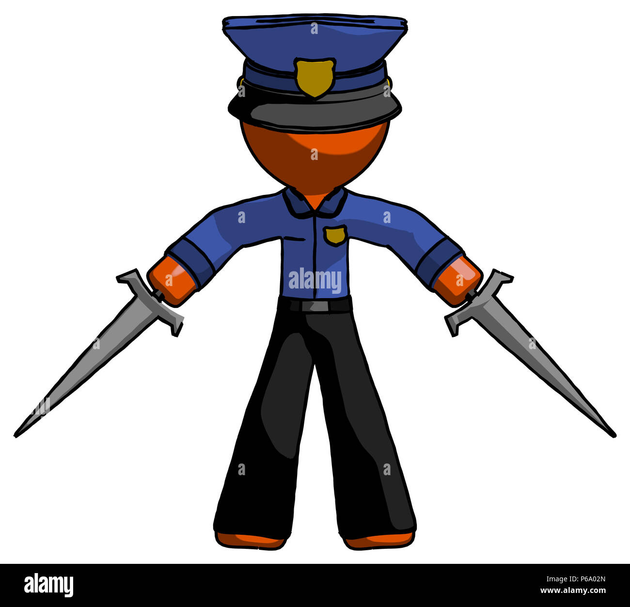 Orange police man two sword defense pose Stock Photo - Alamy