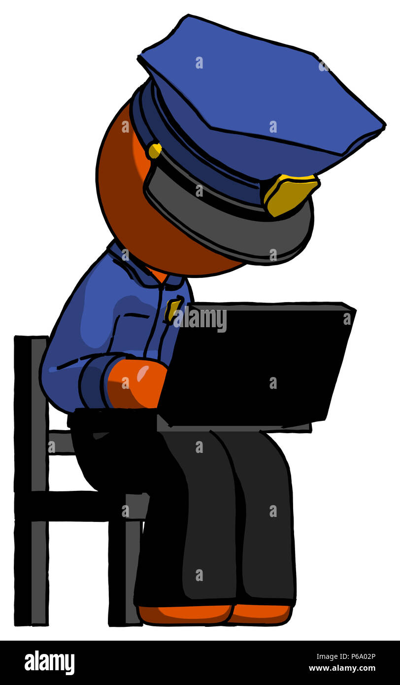 Orange police man using laptop computer while sitting in chair angled ...