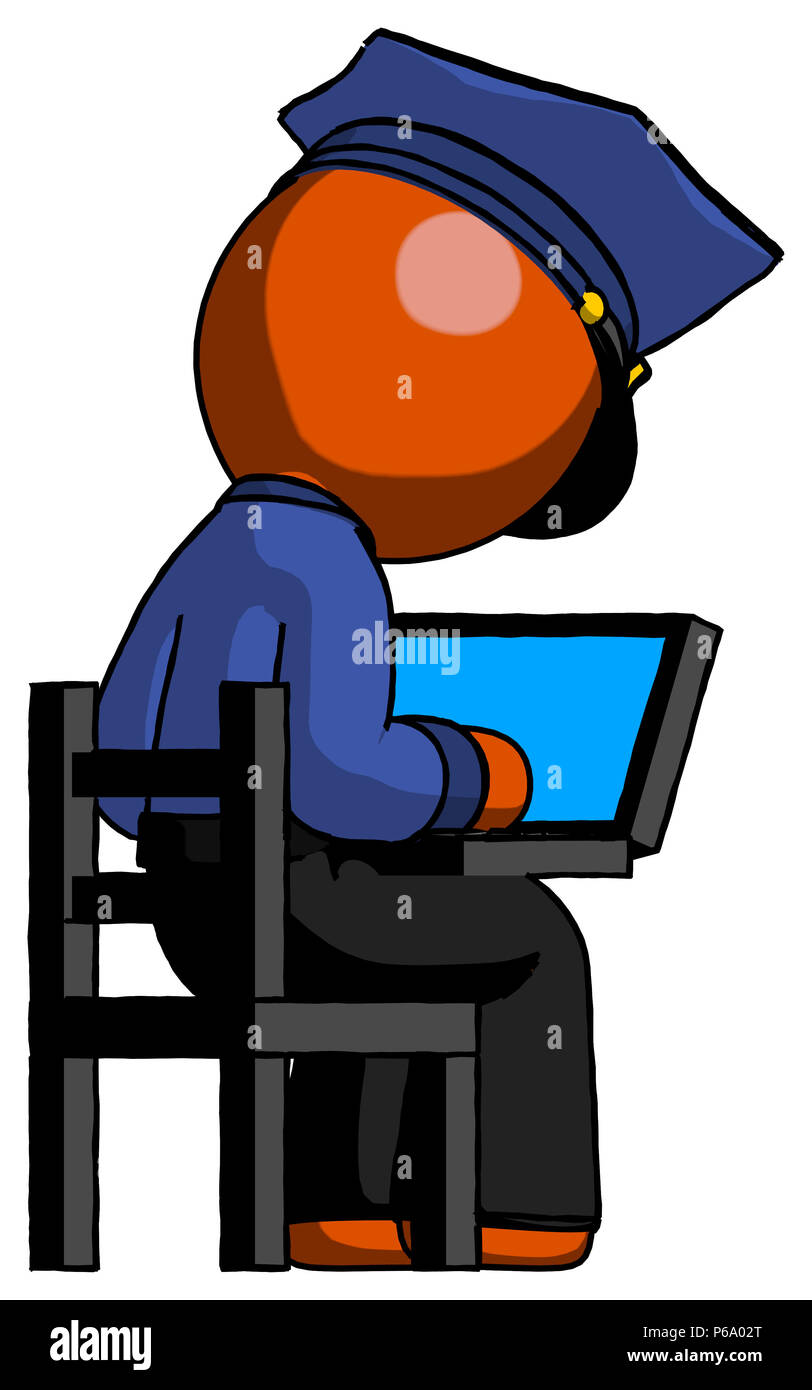 Orange police man using laptop computer while sitting in chair view ...