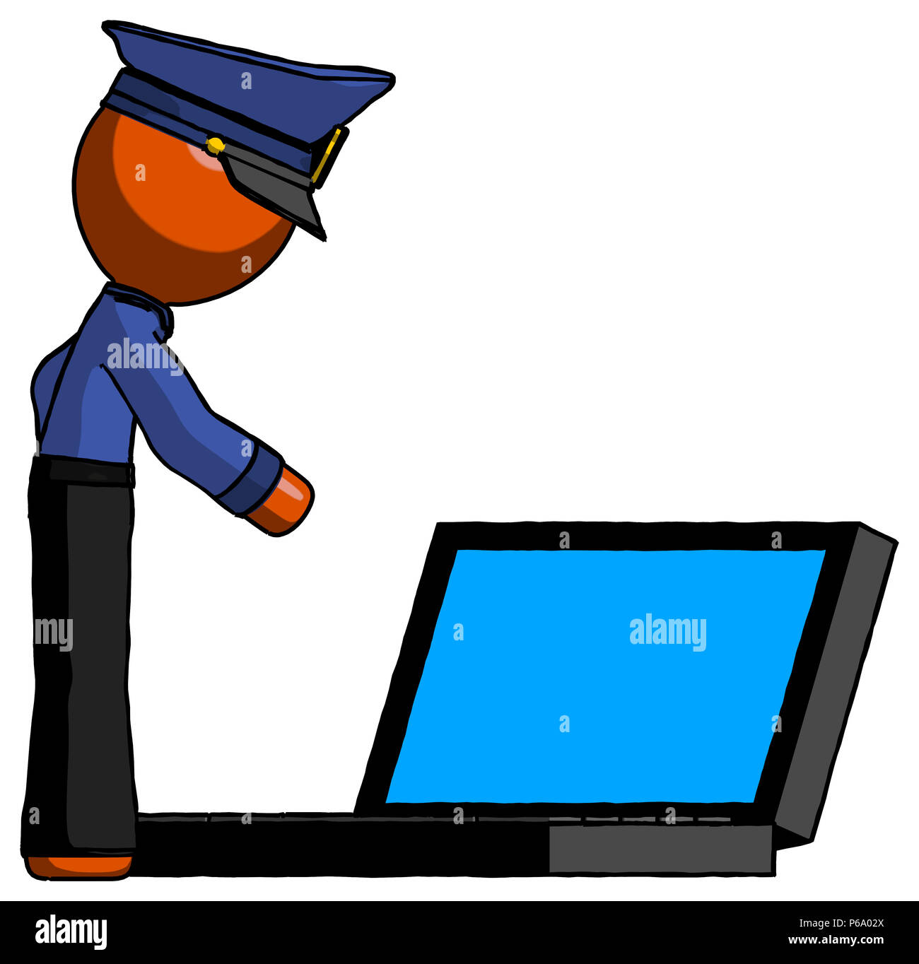 Orange police man using large laptop computer side orthographic view ...