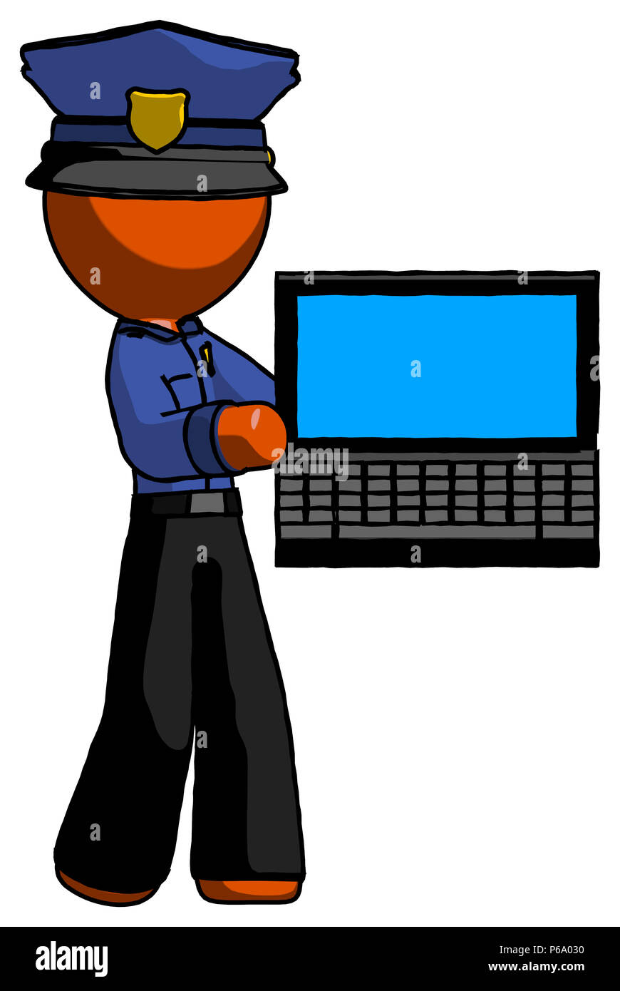 Orange police man holding laptop computer presenting something on ...