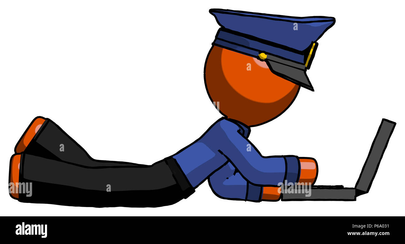 Orange police man using laptop computer while lying on floor side view ...