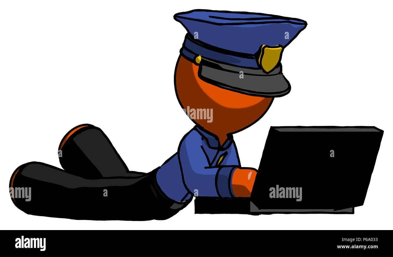 Orange police man using laptop computer while lying on floor side ...