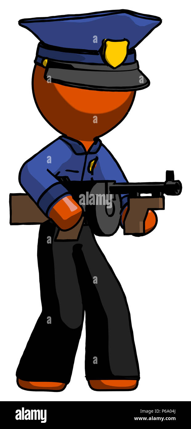 Orange police man tommy gun gangster shooting pose Stock Photo - Alamy